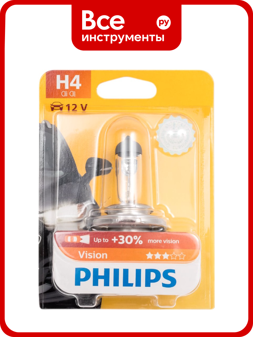 Автолампа PHILIPS H4, 60, 55 P43t-38+30% 12V 1,10 12342PRB1, 12 В, легко