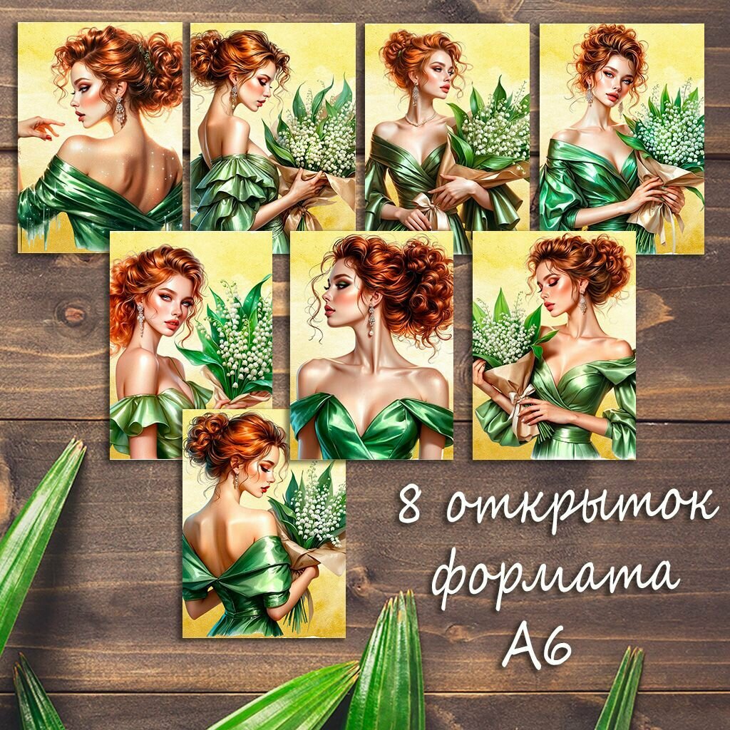 Большой набор открыток Девушки и ландыши, 8 штук