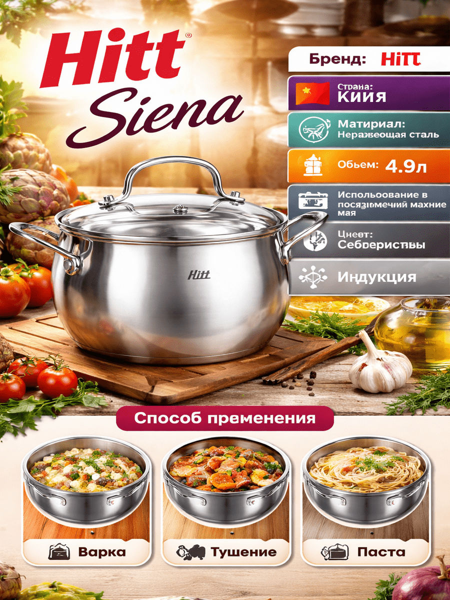 Кастрюля Hitt Siena с крышкой 4.9л, 22см
