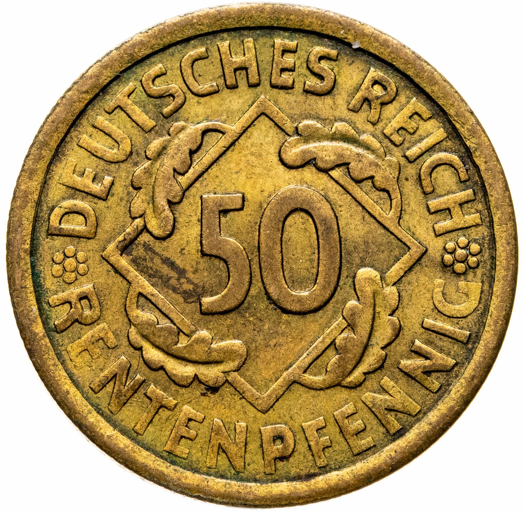 Германия Веймарская республика 50 рентных пфеннигов 1924, Знак монетного двора "D" — Мюнхен, Бронза, в сохранности XF