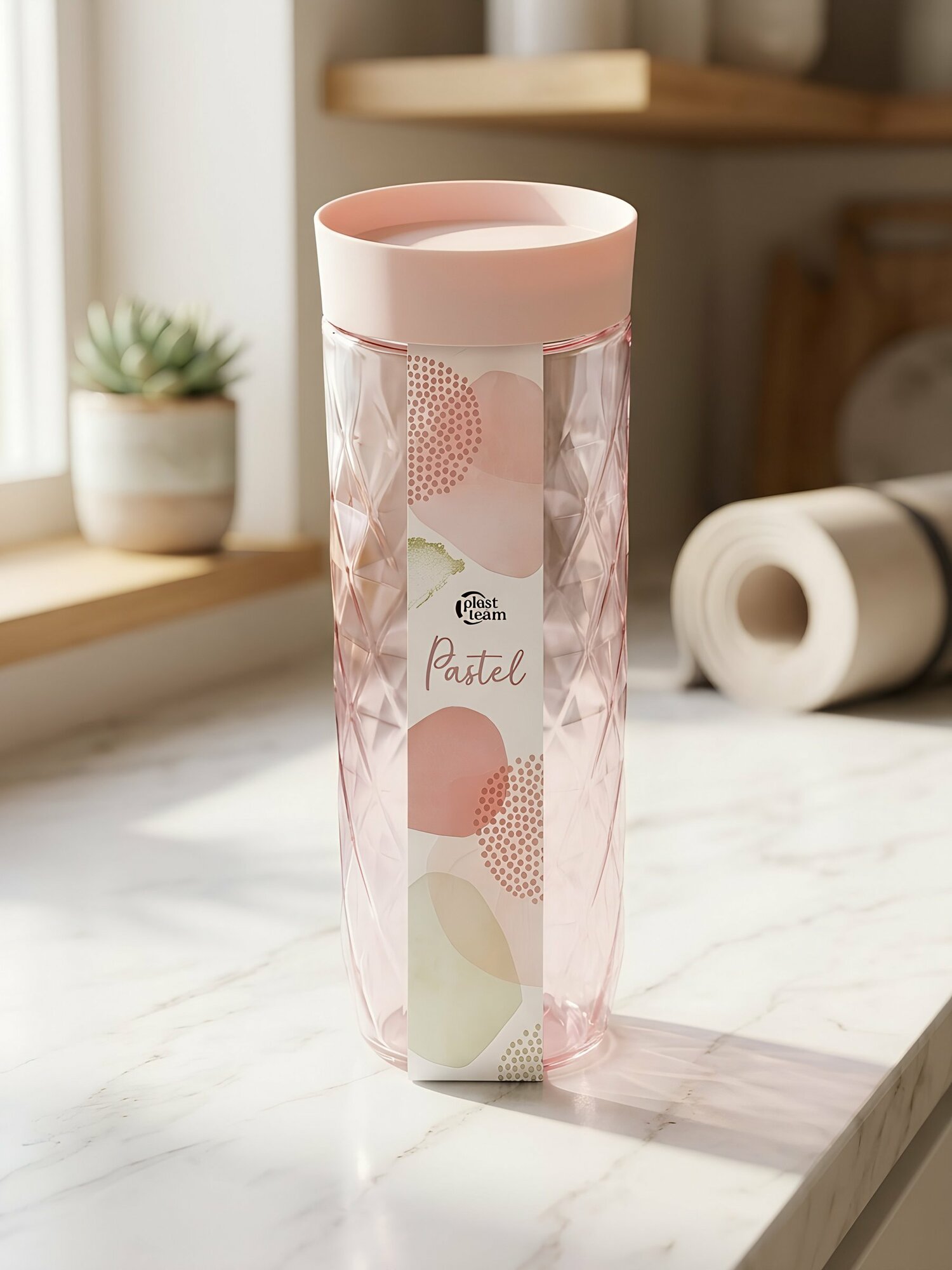 Банка для сыпучих продуктов Plast team Pastel 1.5 л, розовая, полипропилен, с закручивающейся крышкой, 9.5х9.5х26.6 см