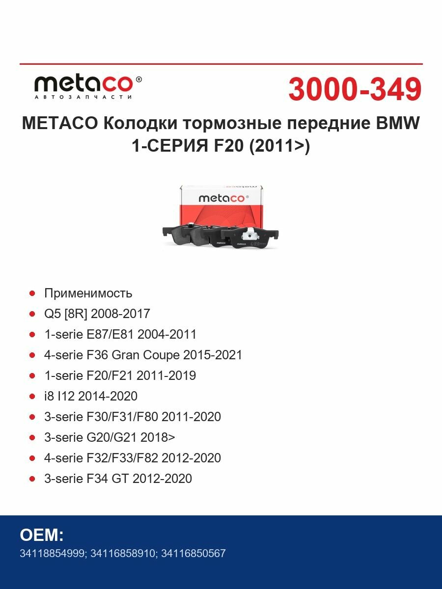 METACO Колодки тормозные передние BMW 1-СЕРИЯ F20 (2011>)