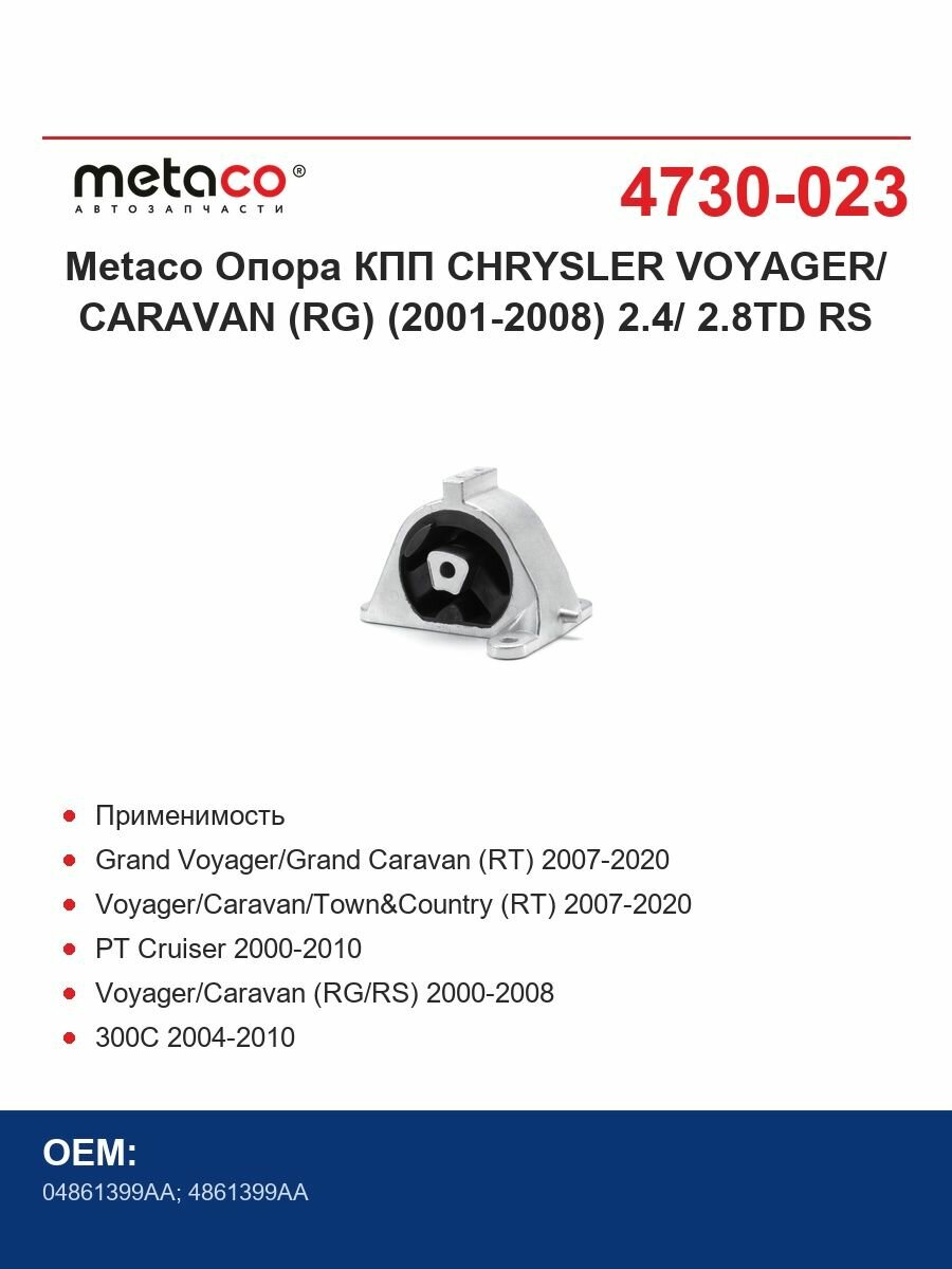 Metaco Опора КПП CHRYSLER VOYAGER/ CARAVAN (RG) (2001-2008) 2.4/ 2.8TD RS