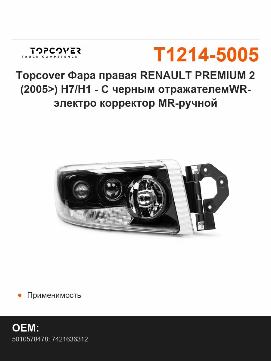 Topcover Фара правая RENAULT PREMIUM 2 (2005>) H7/H1 - С черным отражателемWR-электро корректор MR-ручной