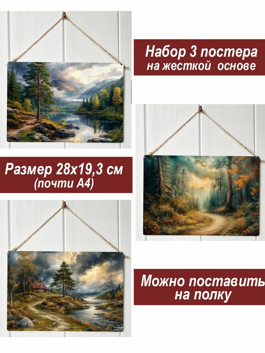 Картина интерьерная на стену, постер на жесткой основе 3 штуки Сосновый лес