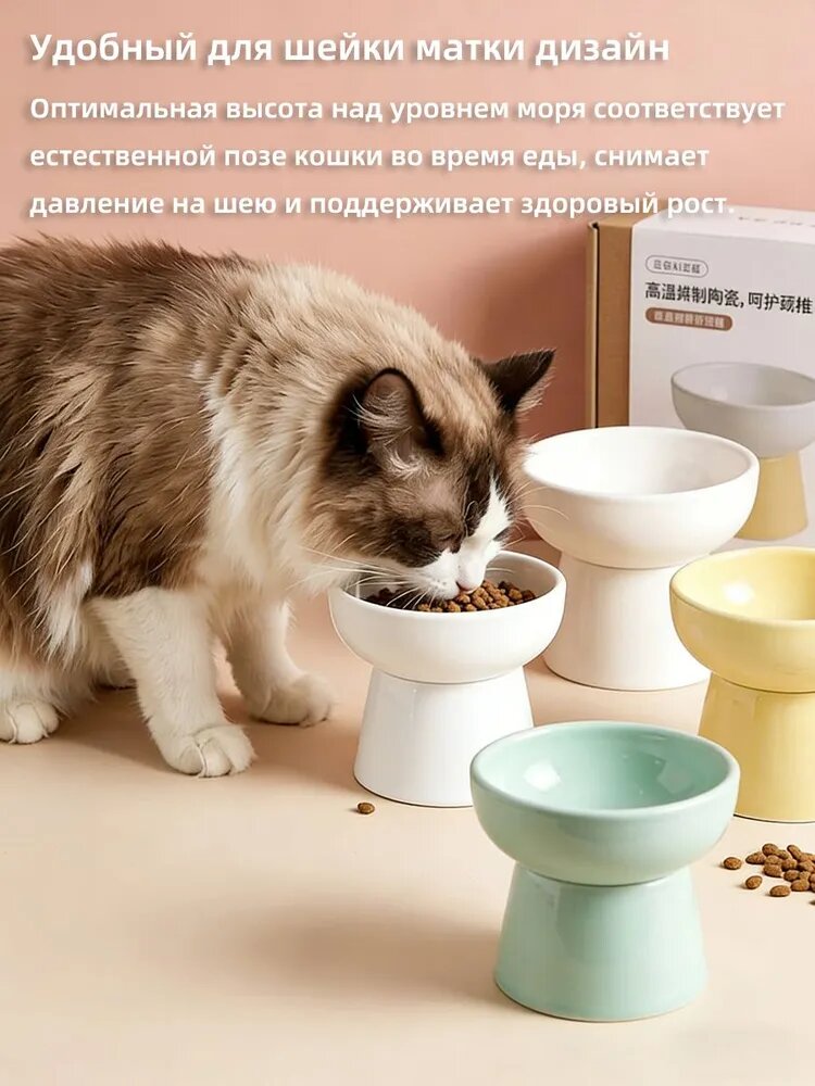 Керамическая миска для кошек: для корма и воды, приподнятая, защита шеи, устойчивая, большая вместимость, легко мыть