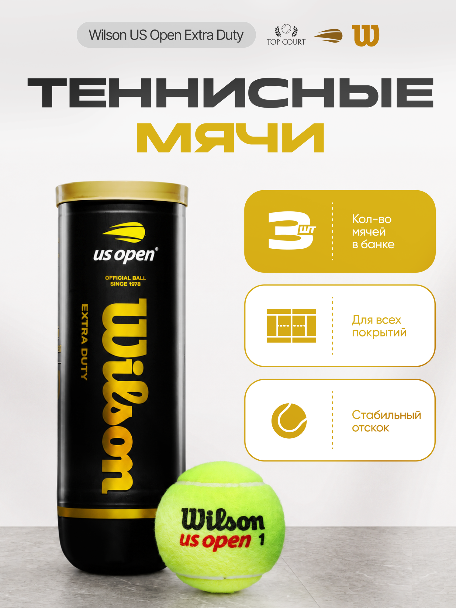 Теннисные мячи Wilson US Open Extra Duty Ball (3 мяча в банке)