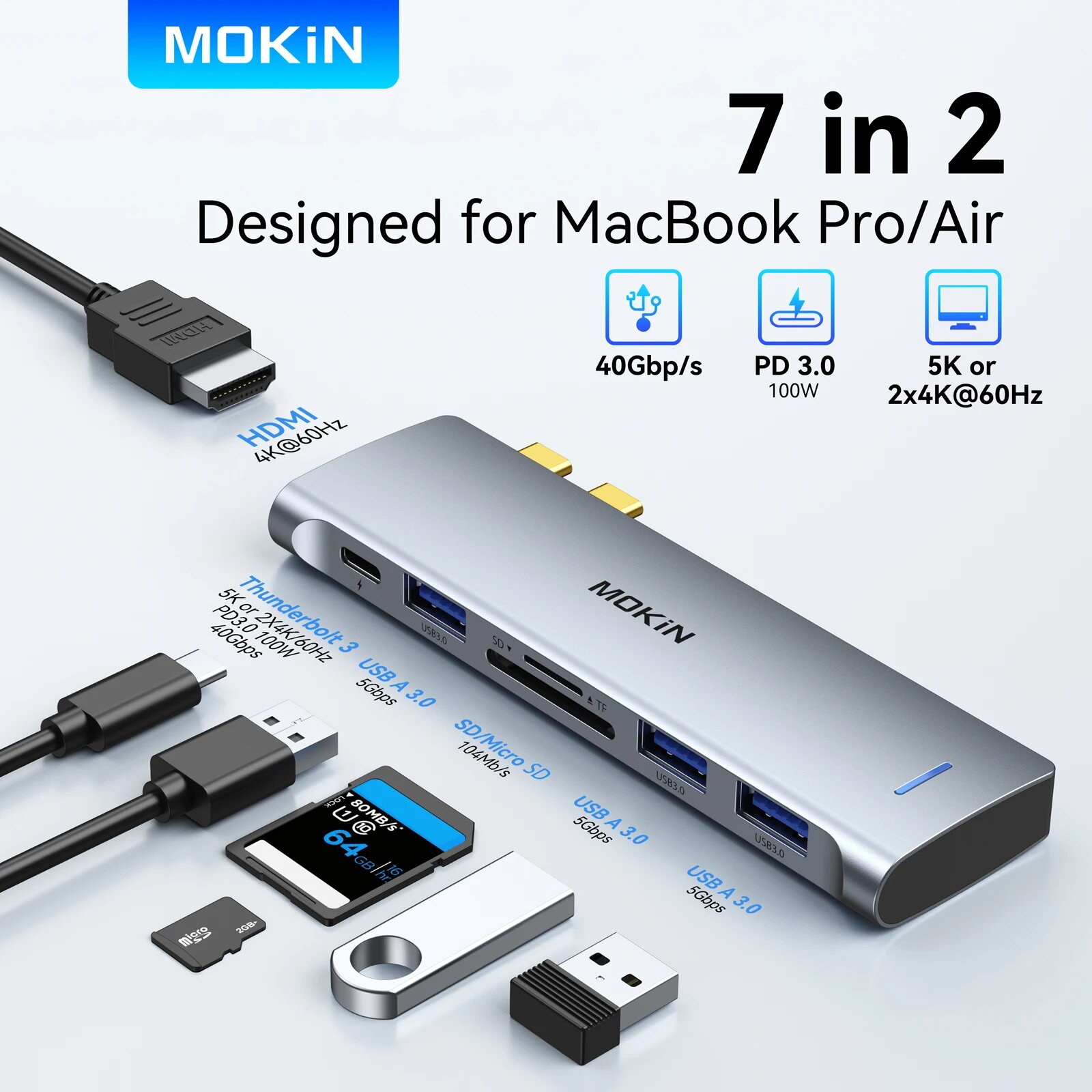 MOKiN USB-C хаб 7 в 2, 4xUSB 3.0, серый