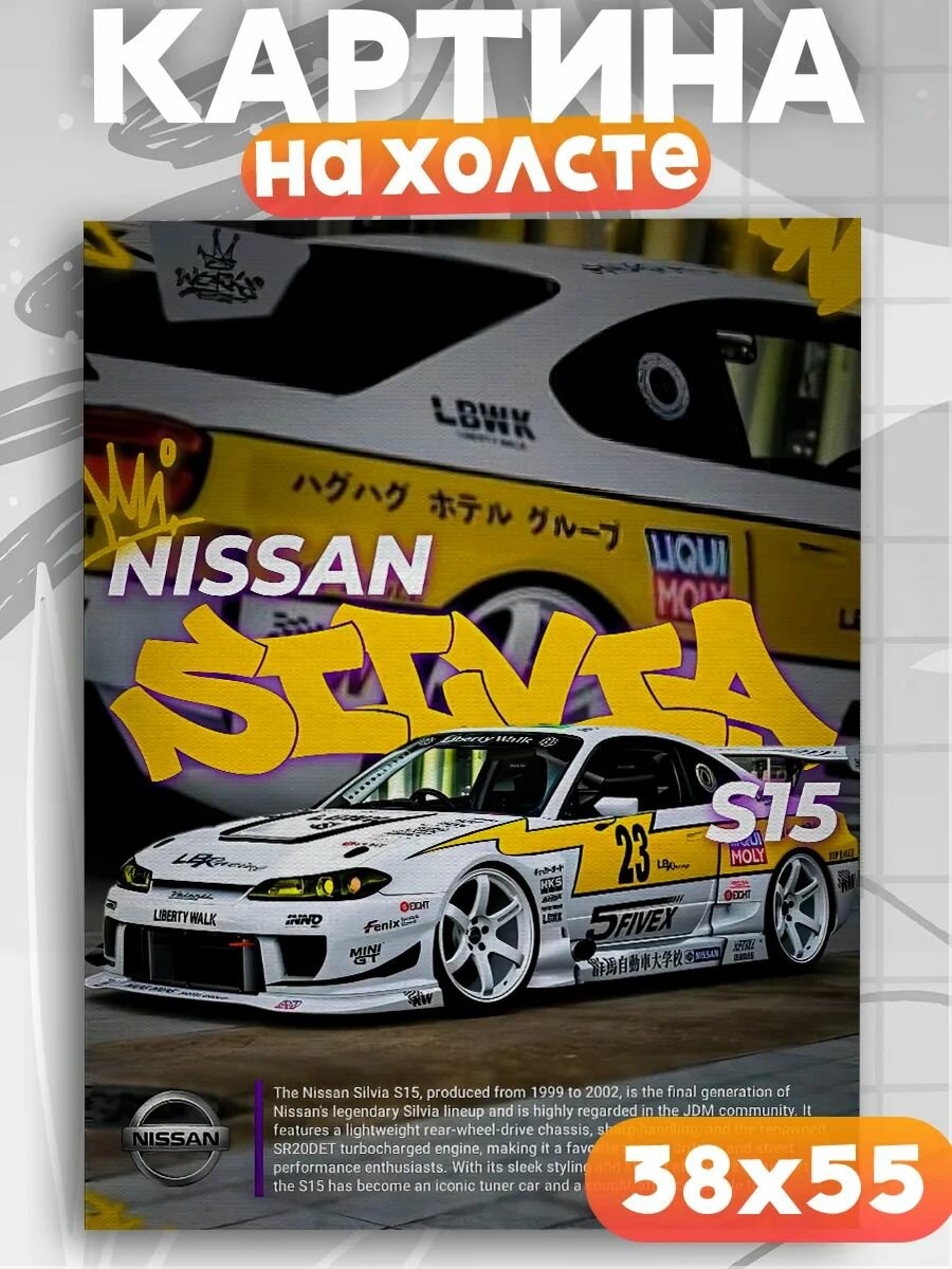 Картина на стену JDM авто Nissan Silvia (S15), на подрамнике, 1шт, 55х38 размер.