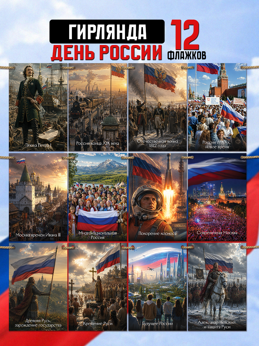 Гирлянда-растяжка ZEKEKS "День России", бумажные флажки, 3 м, 12 штук