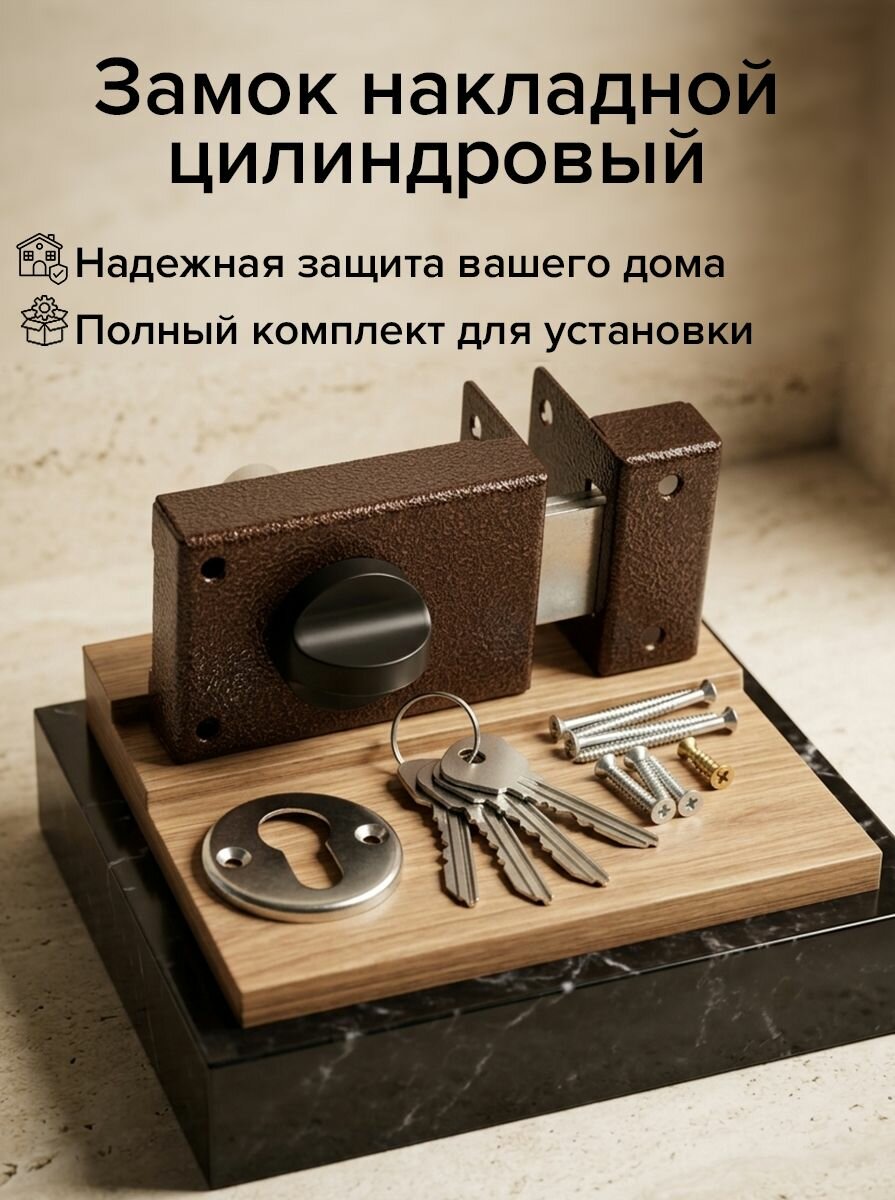 Замок накладной 3Н-1, цилиндровый, медный, левый, правый, 1 ригель