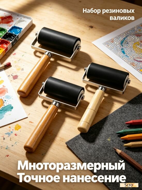 Набор из 3 износостойких резиновых валиков для нанесения краски с деревянной ручкой для домашнего использования