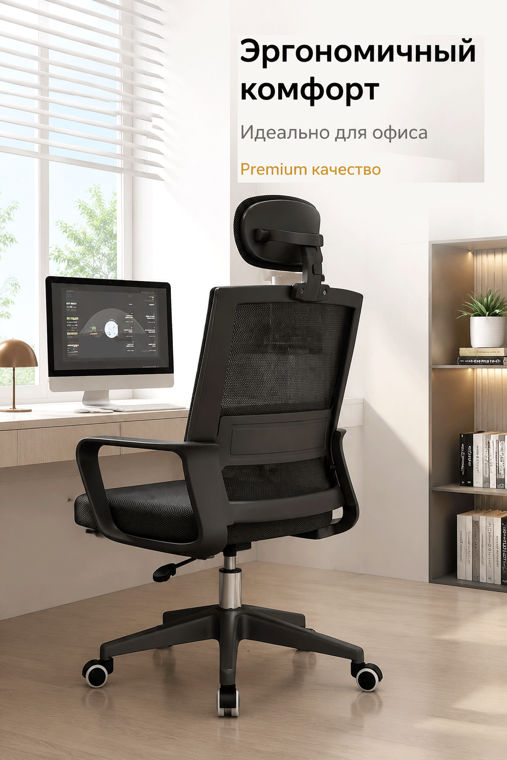 Компьютерное кресло на колёсиках чёрное, сетка, поролон, с подголовником