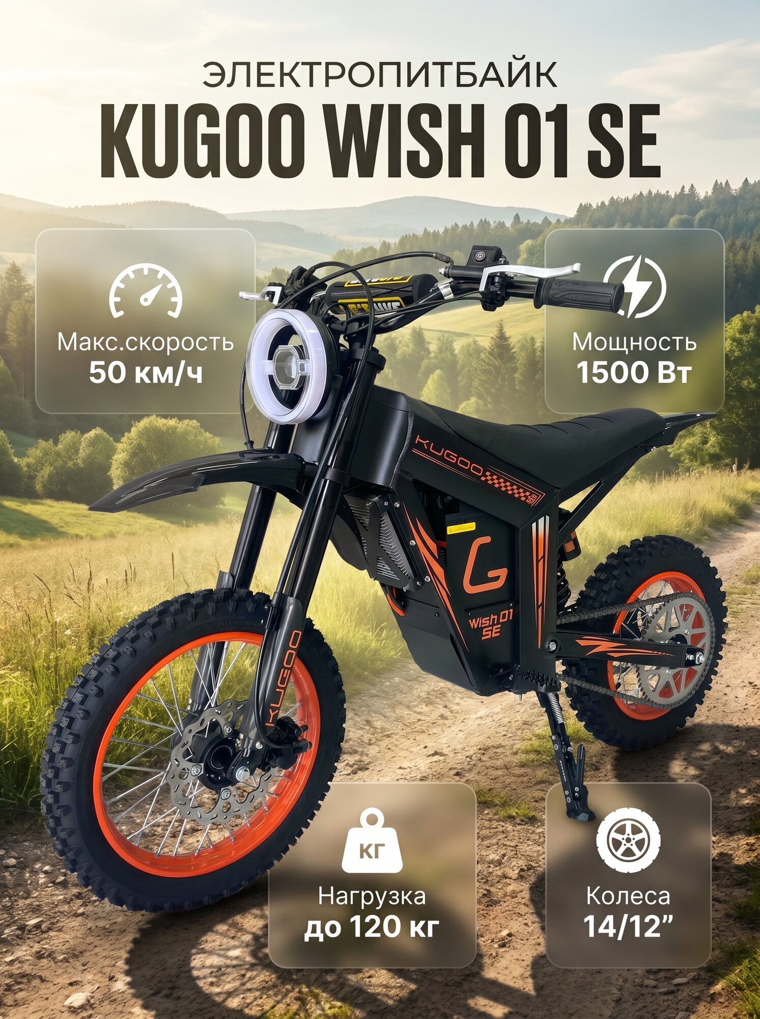 Электропитбайк электромопед Kugoo WISH 01 SE 1500 Ватт 48V/21Ah