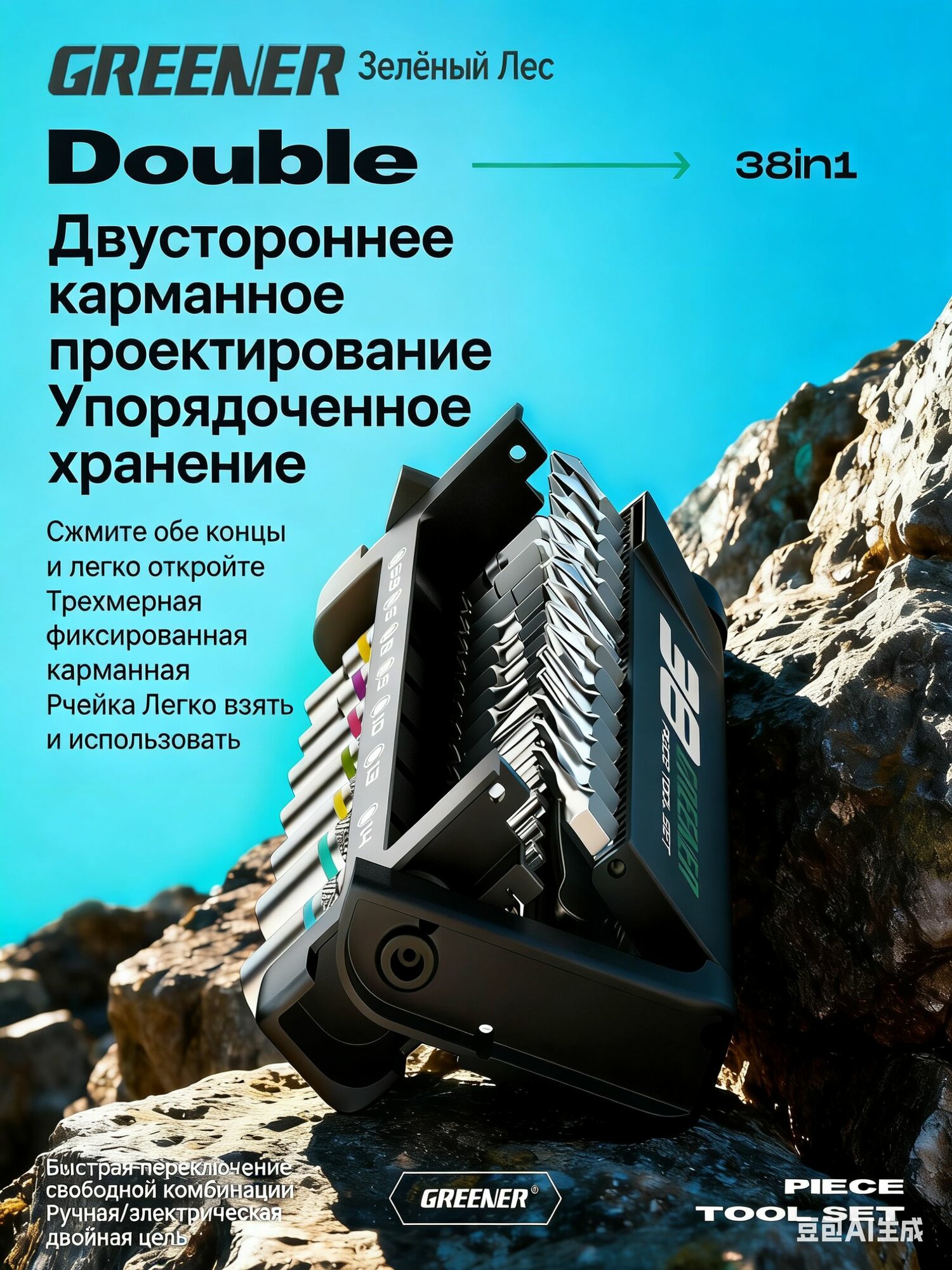 Набор инструментов GREENER 38 в 1 Трещотка биты и торцевые головки для ремонта