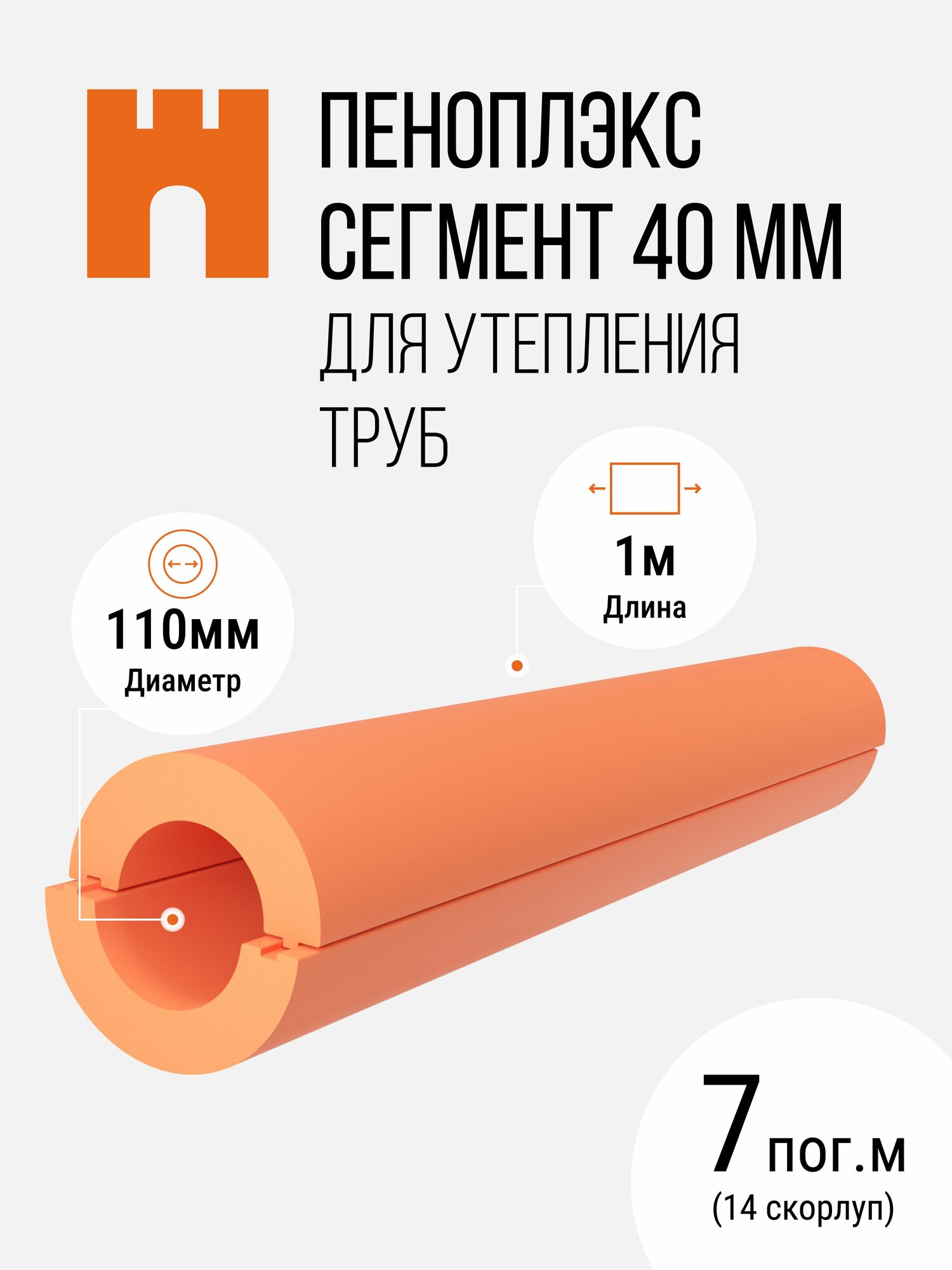Утеплитель пеноплэкс для труб диаметром 110мм, скорлупа XPS 40мм, 7 пог. м, 14 скорлуп