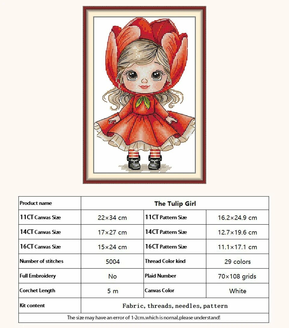 Набор для вышивки крестом The Tulip Girl 16CT, 29 цветов