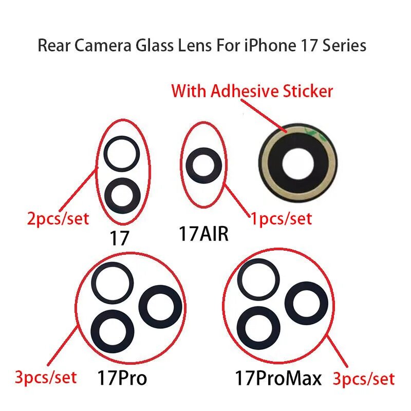 Комплект из 10 стеклянных линз для задней камеры iPhone 17 Air Pro Max с клейкой For iPhone 17 Air