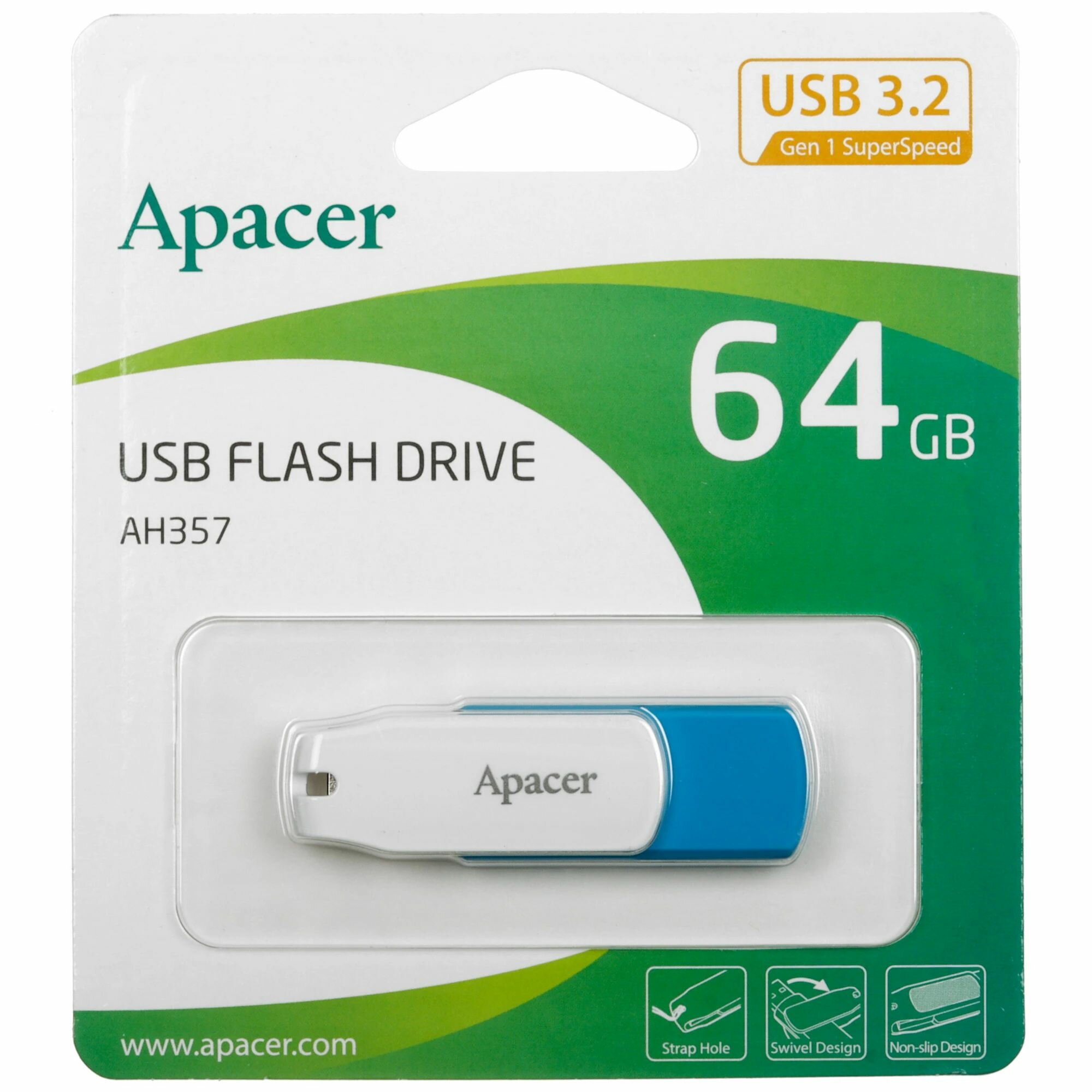 Память USB Flash 64 ГБ APACER AH357 (AP64GAH357U-1) - USB3.2, USB Type-A