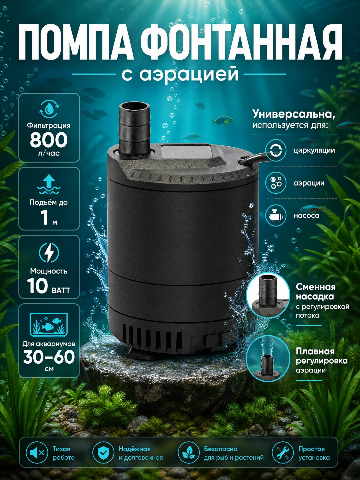 Погружной насос 800 л/ч для аквариума, фонтана, пруда с аэрацией и регулировкой напора 1 м, 10 Вт, тихий энергосберегающий
