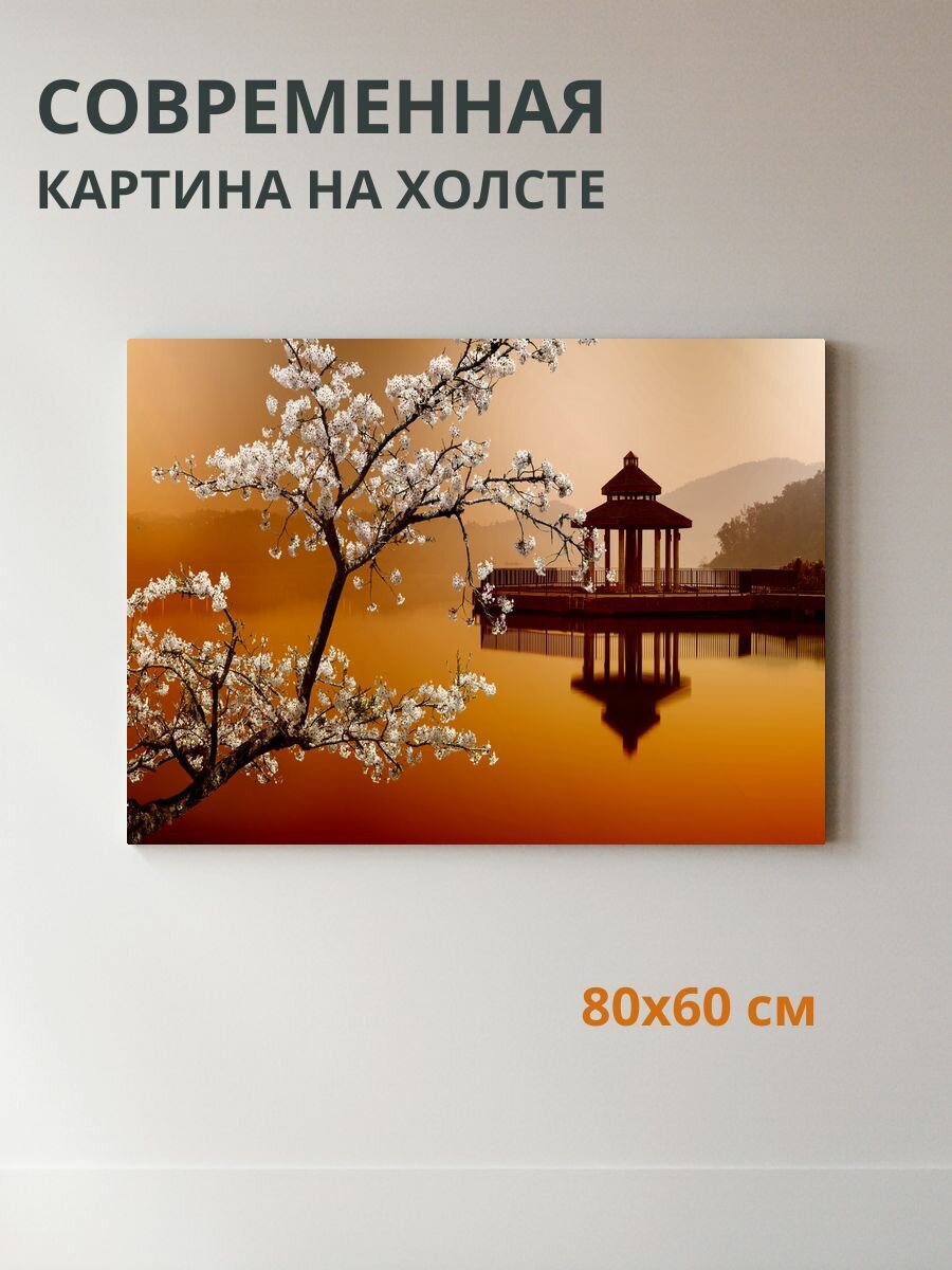 Картина на холсте Павильон на фоне сакуры 80x60 см