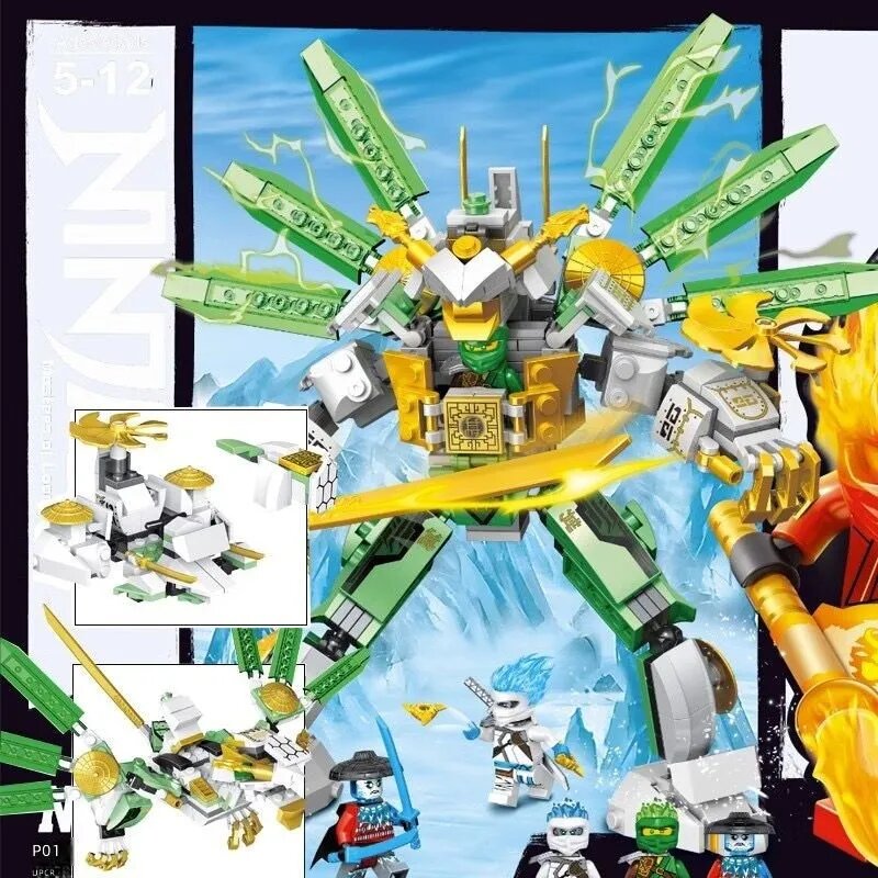 Ginobi Titan-Ninja Mecha, набор для сборки, совместимый с Lego Ninja, Зеленый/Белый/Золотой, в упаковке.