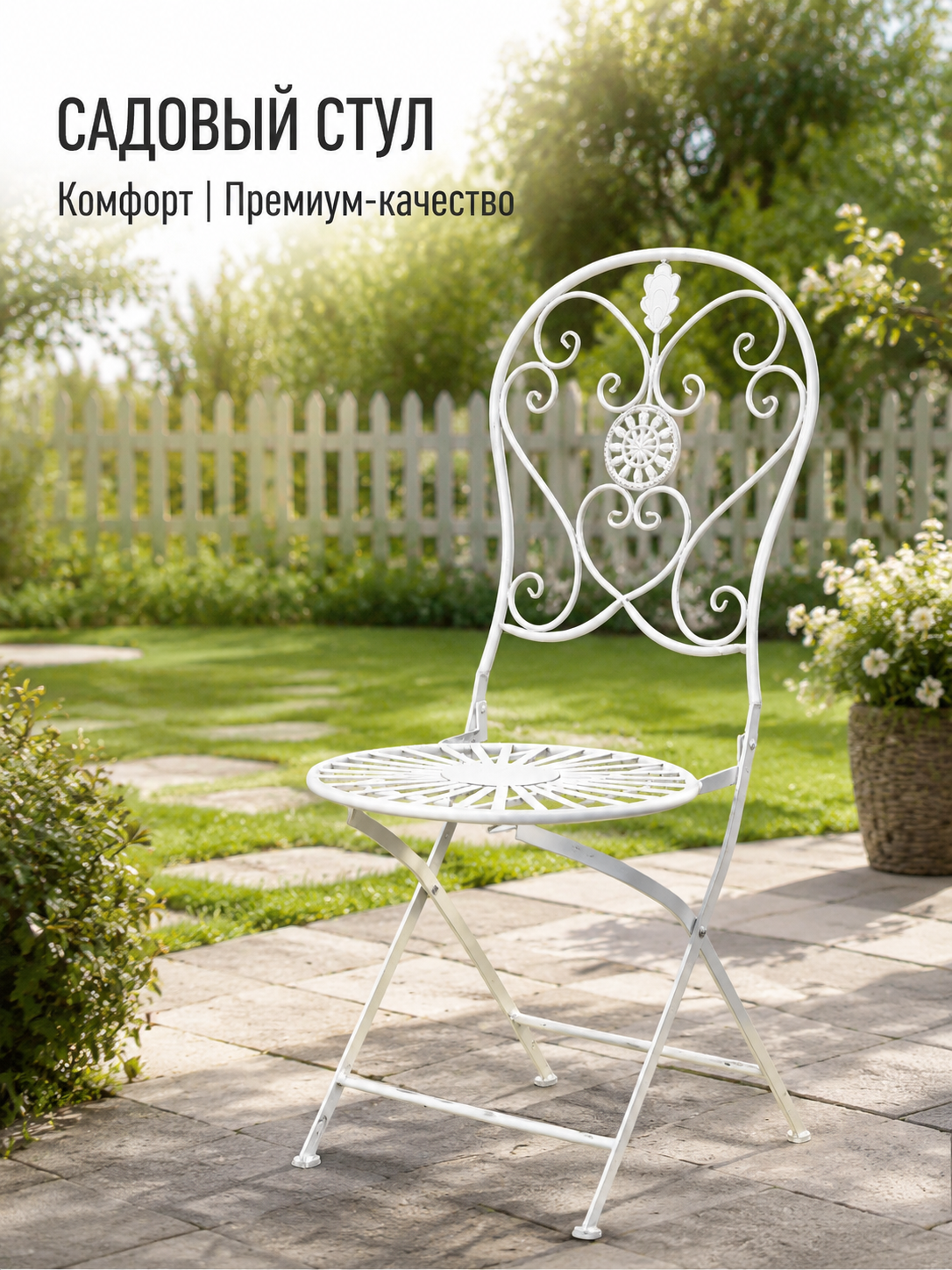 Кованый садовый стул состаренного белого цвета, ажурный узор, 40x40x93 см