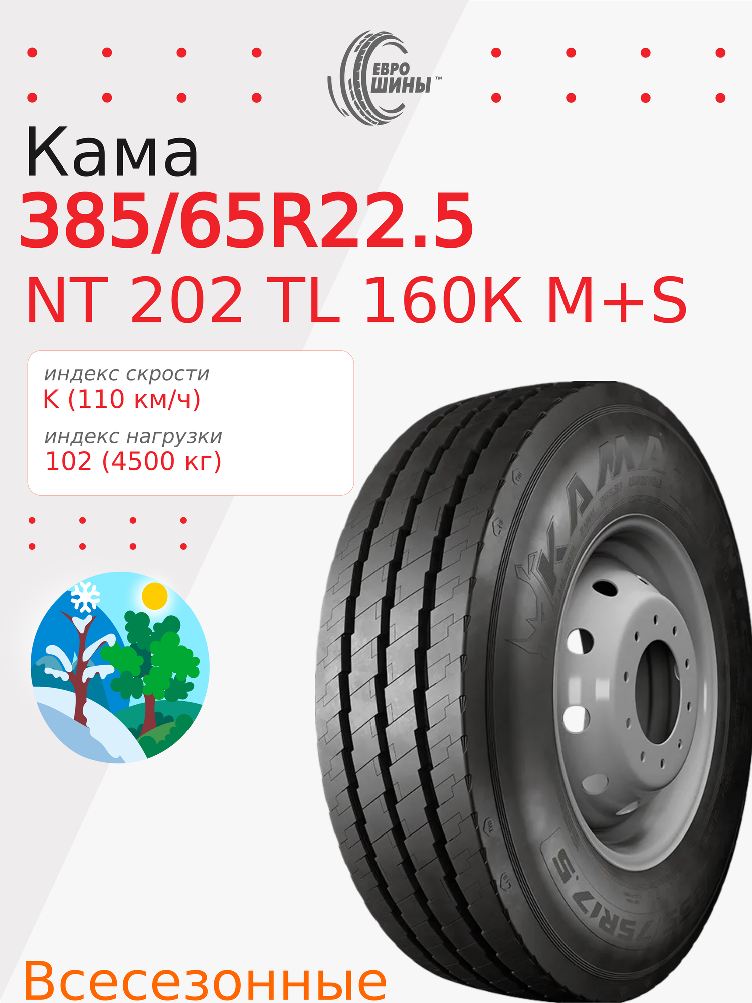 Шина Кама NT 202, грузовая, бескамерная, всесезонная, 385/65, R22,5