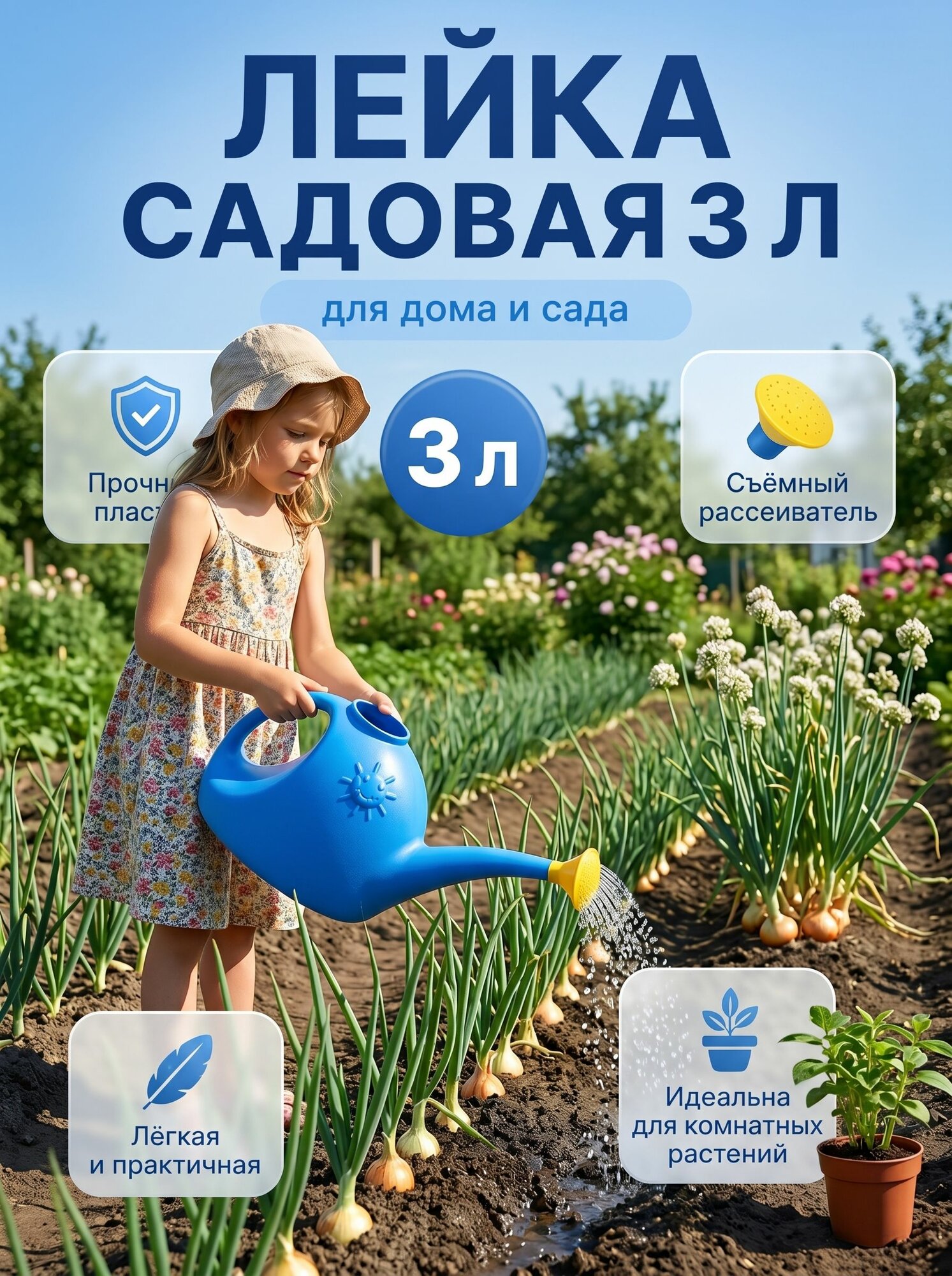 Лейка для цветов и комнатных растений 3 л синяя