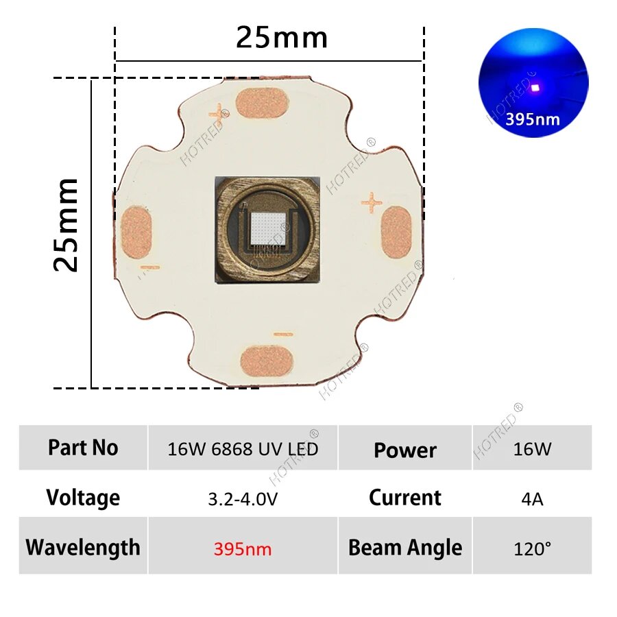 УФ LED 16W 395nm 120° 25mm HotRed