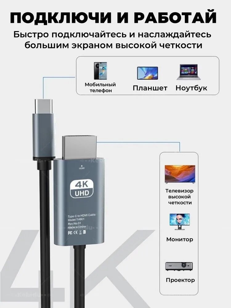 Видеокабель HDMI/USB Type-C, 2 м, темно-синий