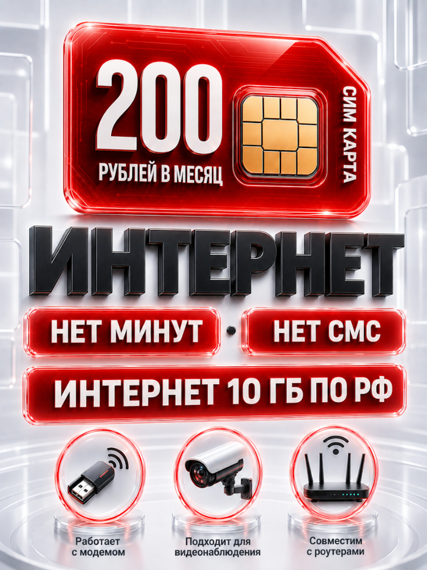Сим карта Безлимитный интернет - тариф 200 рублей в месяц 10 ГБ по РФ для мобильных модемов и роутеров 4G LTE YMSV2