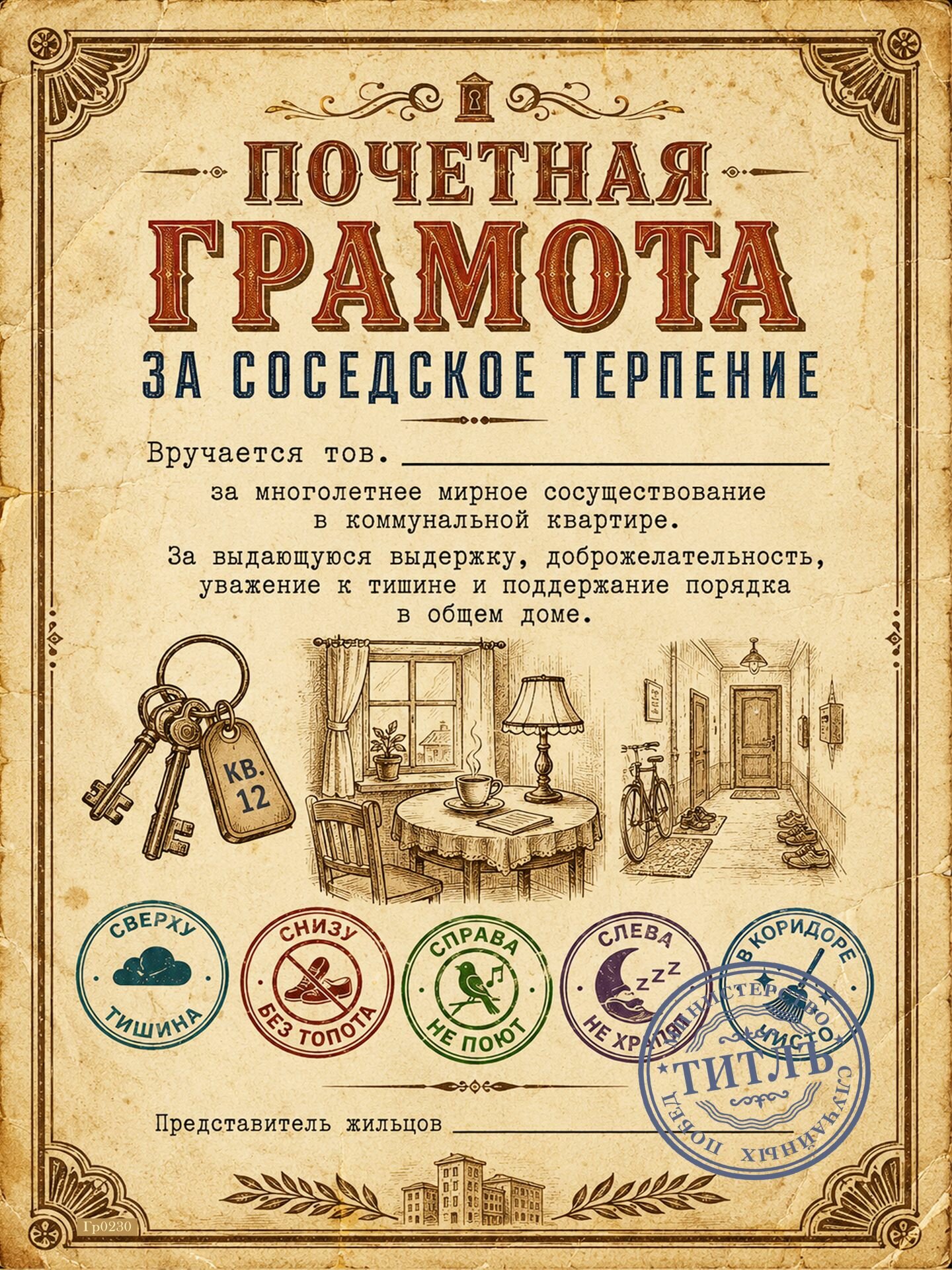 Почетная грамота за соседское терпение шуточный подарок