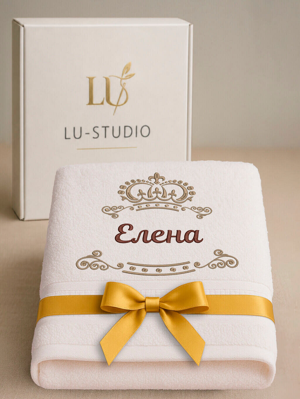 Полотенце Елена 70х140 подарок именная вышивка с короной, LU-Studio, белый, 460 г/м², 100% хлопок