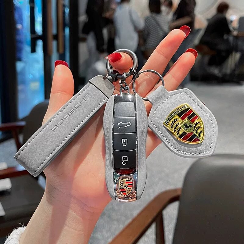 Ключевой чехол Porsche для Cayenne, Panamera, Macan, 911, Taycan - Серый кожаный, одиночный чехол с кожаным щитом и