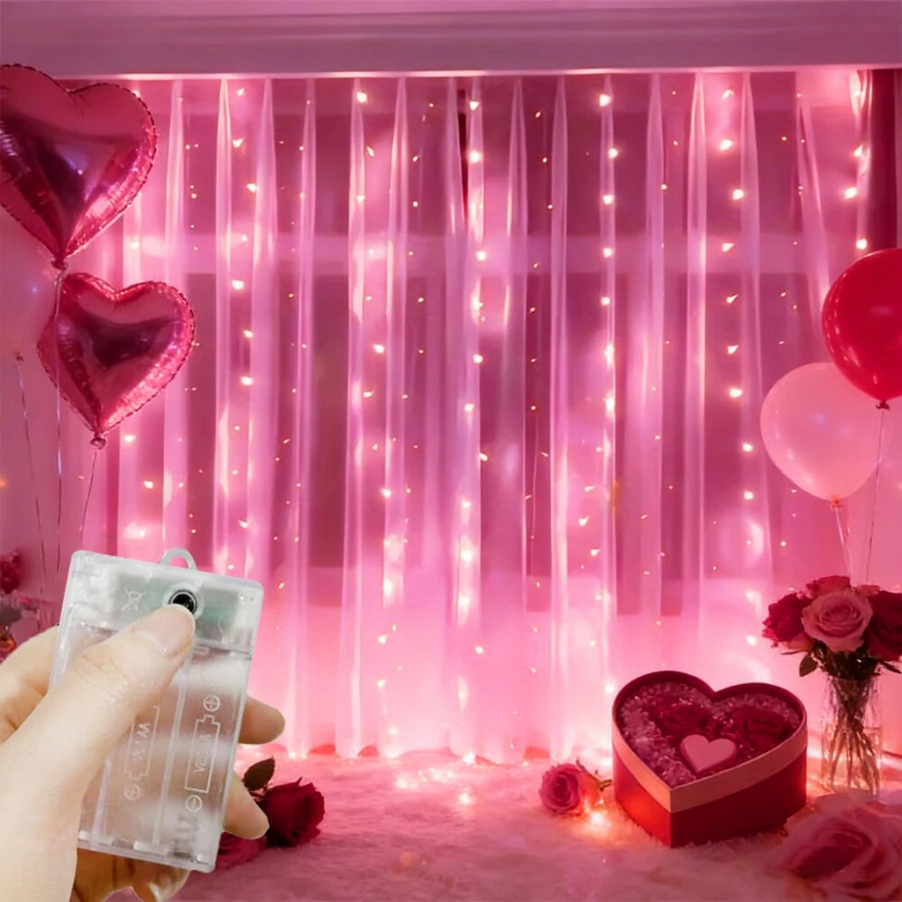 LED Гирлянды-шторы на батарейках для праздника Pink Light, 3X2M 200LEDs-Battery