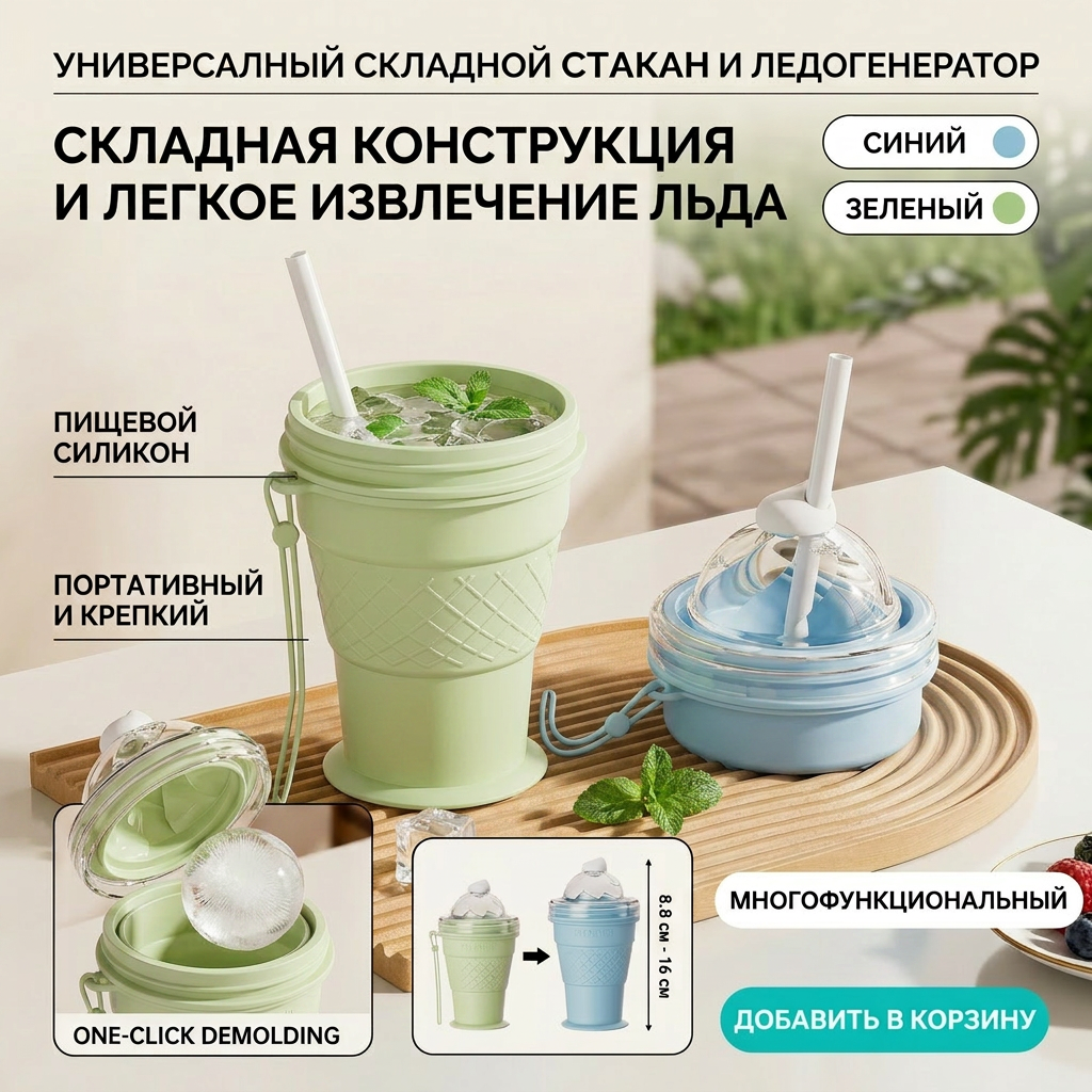 Вы можете приготовить кубики льда. Стакан складной силиконовый, с крышкой / Чашка походная ， 2-в-1 (Объём: 0.33 л; Высота: 16 см; Цвет товара: зеленый)