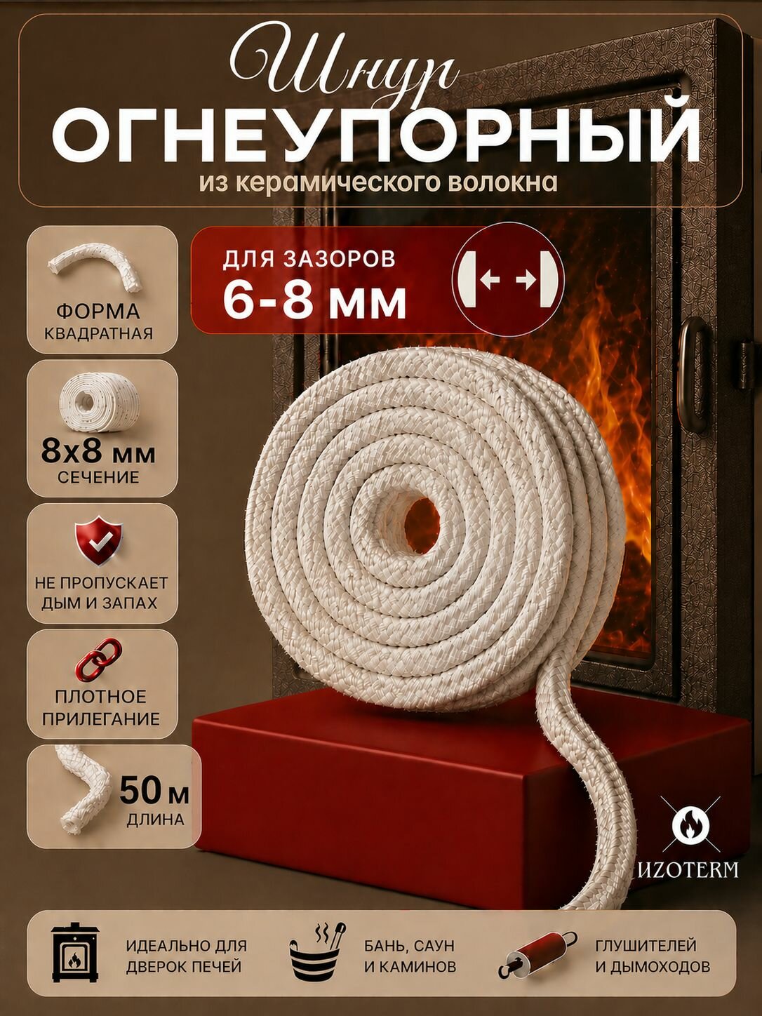 Огнеупорный керамический шнур 8x8 мм для печей и каминов, 50 м термостойкий уплотнительный шнур жаропрочный для дымохода