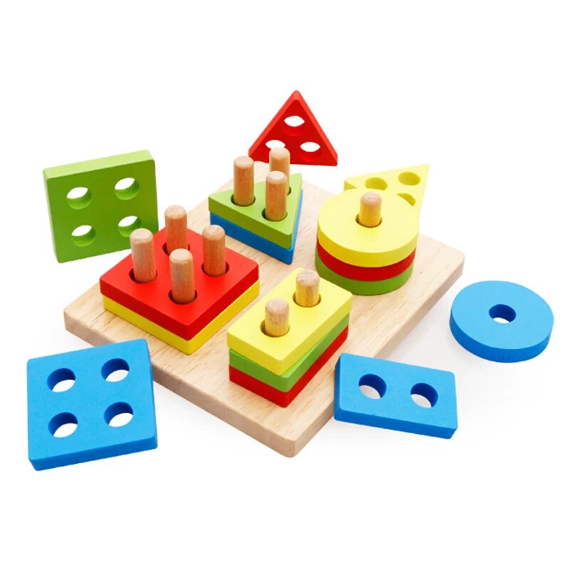 Монтессори игра-головоломка для детей 1-3 лет, деревянный набор с 4 столбиками и геометрическими формами