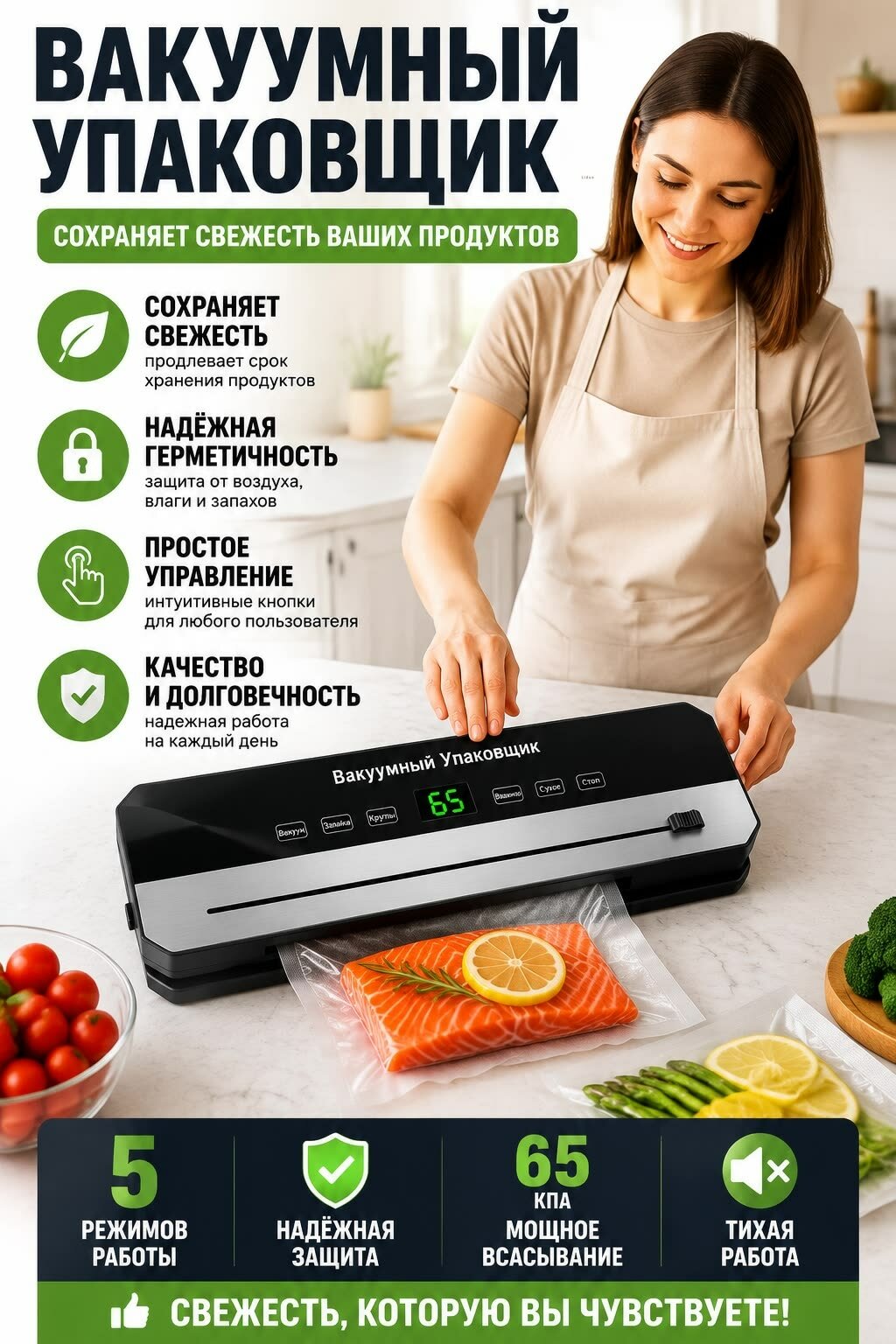 Вакуумный упаковщик, АБС пластик, 120w, герметичный для дома