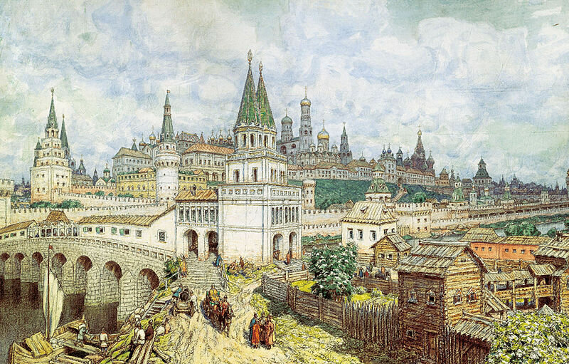 "Расцвет Кремля. Всехсвятский мост и Кремль в конце XVII в.", Васнецов А. М, картина для интерьера (репродукция) (50х32 см / на подрамнике)