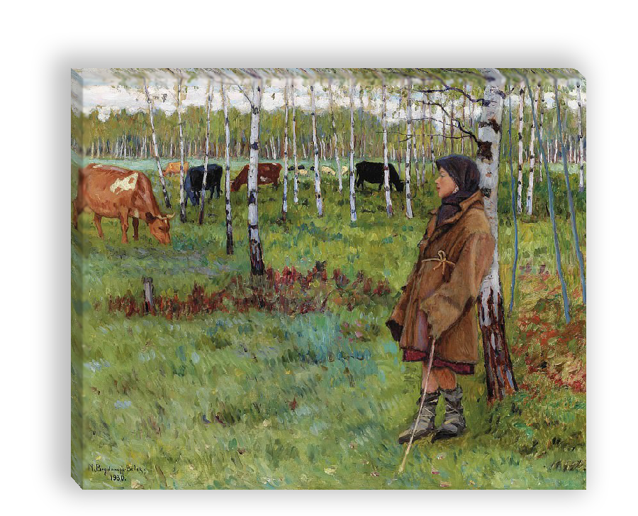 "Мечтательность среди берез", художник Богданов-Бельский, картина (40х33 см / на подрамнике)