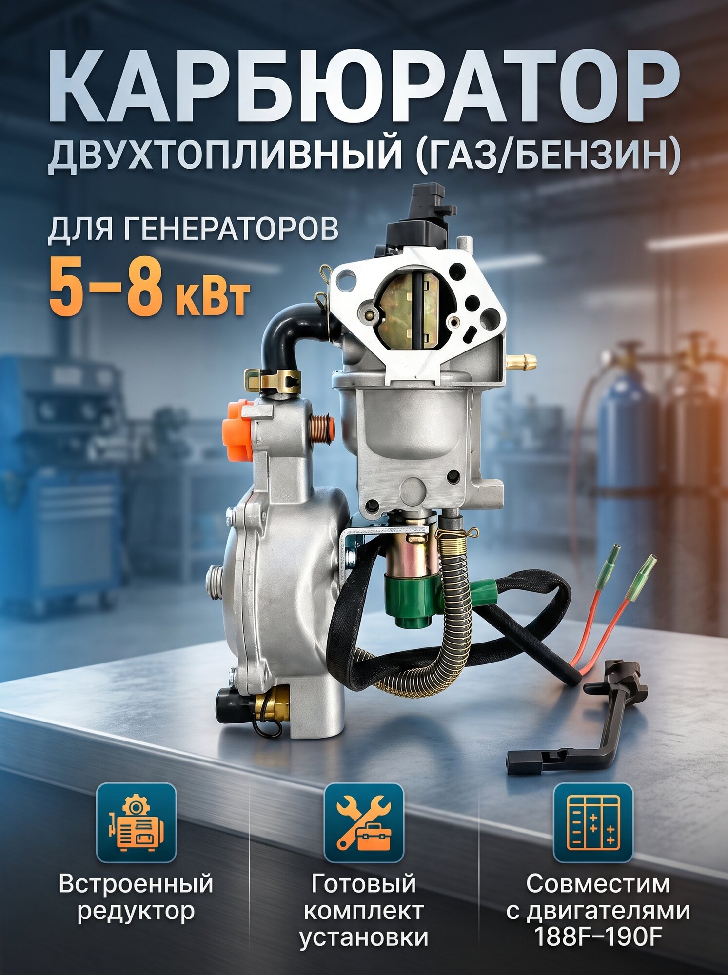 Карбюратор двухтопливный газ/бензин для генераторов 5-8кВт 188F, 190F, GX390/GX420, экономичный