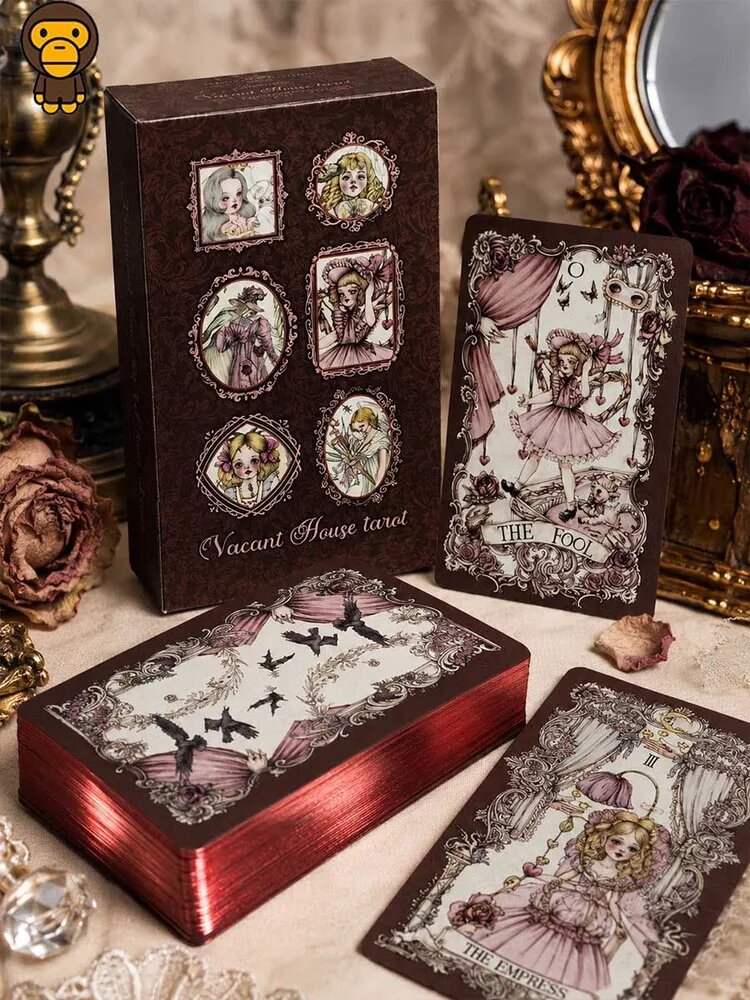 Колода Таро Vacant House Tarot (Пустой Дом у окна), универсальное издание, 78 карт + бонус карта, бордовое тиснение краев, бумага 350 г, в комплекте мешок и скатерть для гадания, размер 70 120 мм