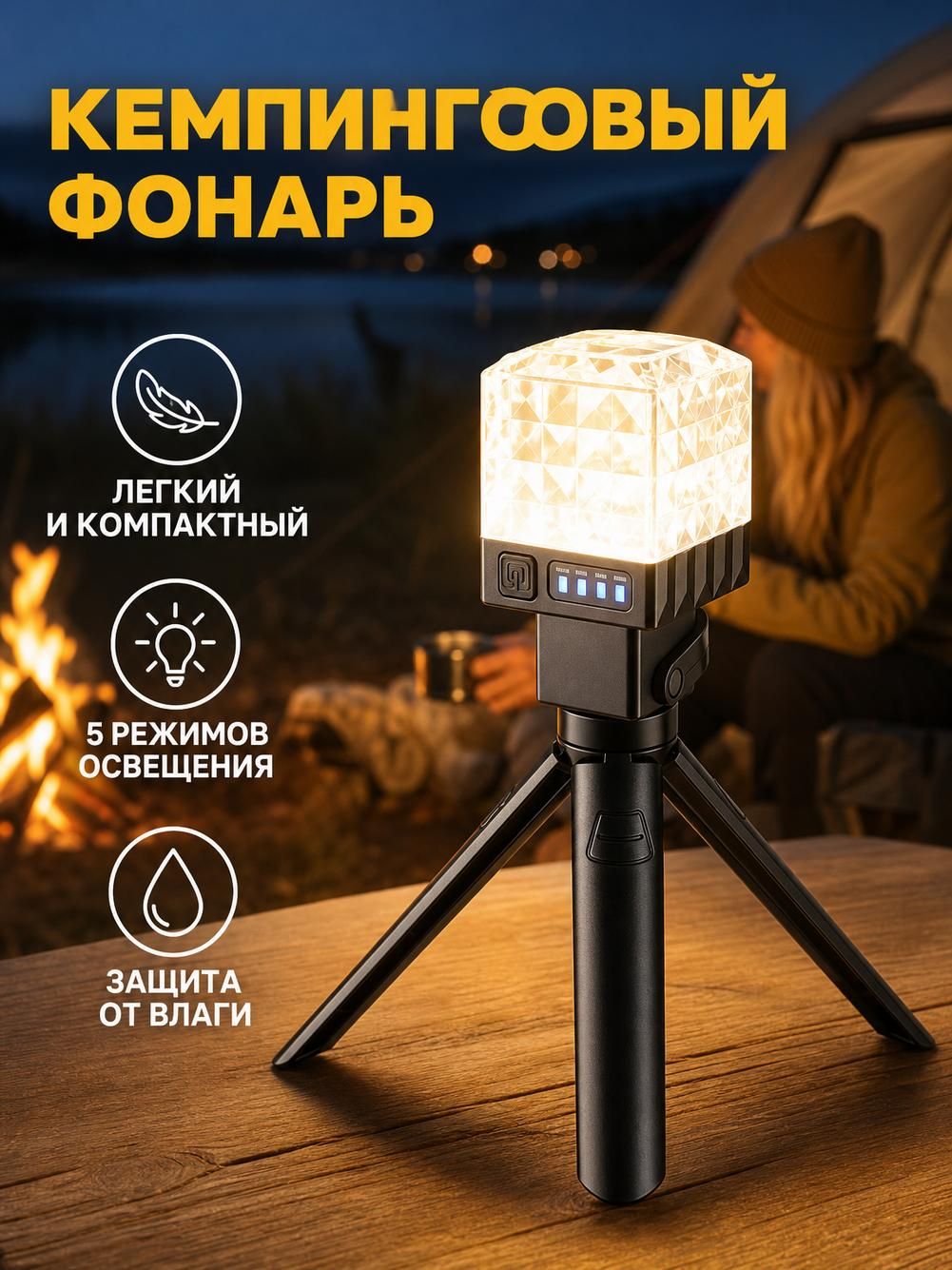 Светодиодный кемпинговый фонарь из ABS-пластика, 55x55x117 мм