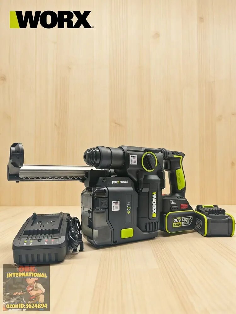 Комплект WORX WU385 (бесщеточный литий-ионный перфоратор) + WA1603 (пылесос) для работ без пыли, c 2хАКБ 4Ач и ЗУ