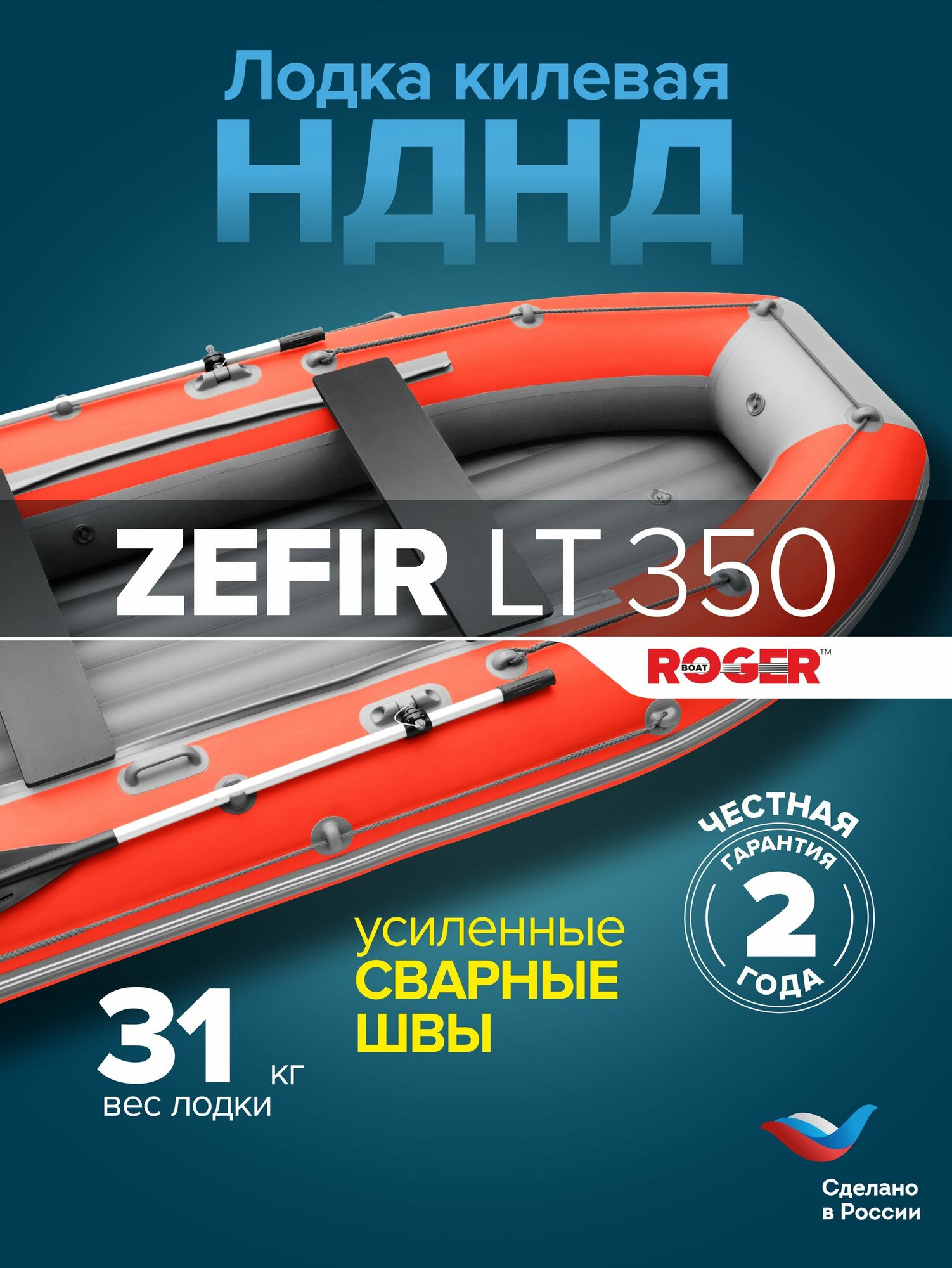 Лодка ПВХ под мотор ROGER Zefir 350 LT, надувная для рыбалки НДНД килевая (красный-серый)