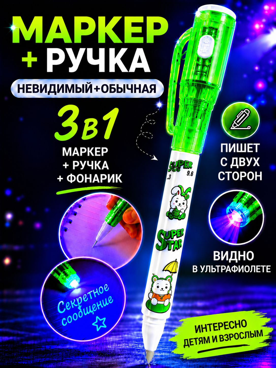Ручка шпион двусторонняя / Невидимый маркер двусторонний с ручкой и фонариком с ультрафиолетовыми чернилами, 2 в 1
