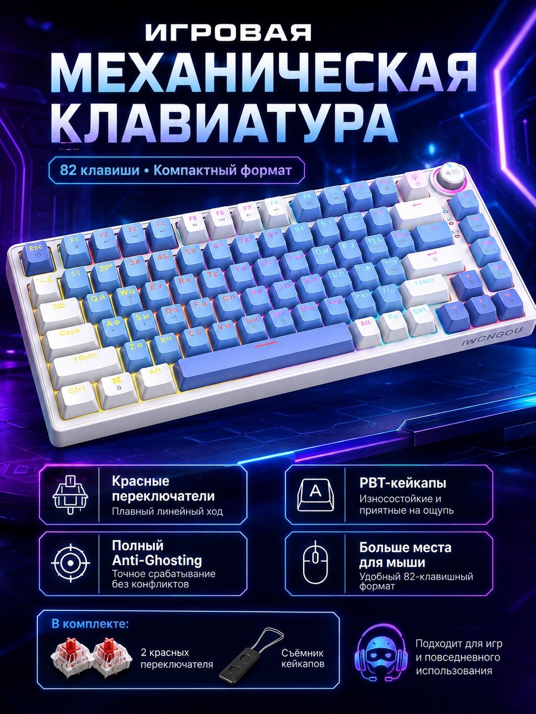 Механическая клавиатура проводная IWONGOU Red Switch RGB 83 клавиши 20Fn 1.6м бело-синяя