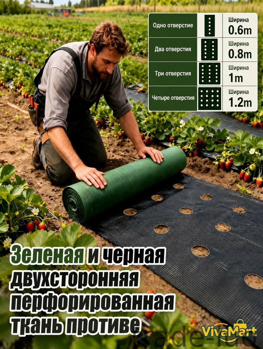Агроткань от сорняков 1,2×5 м, зелено-черная, с готовыми отверстиями, нетканое воздухопроницаемое полотно для грядок